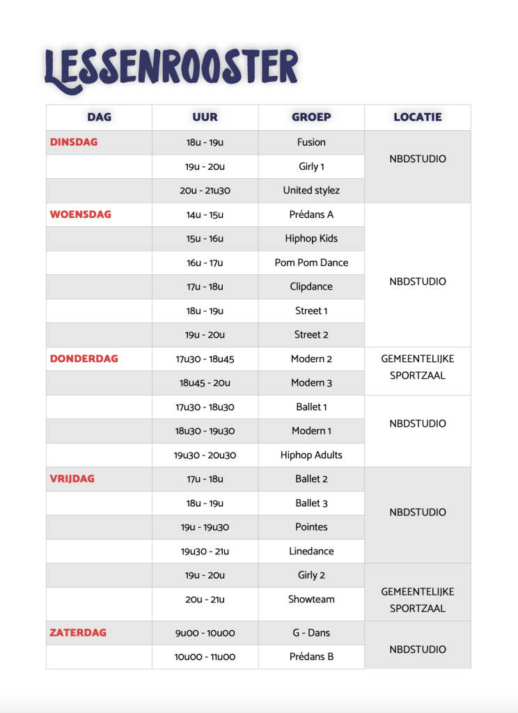 Overzicht Lessenrooster – NATURAL BORN DANCERS